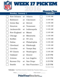 Week 17 Printable Nfl Schedule - We Love Printables